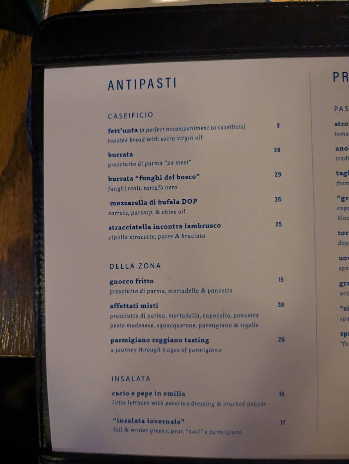 Menu at Rezdôra restaurant, New York City