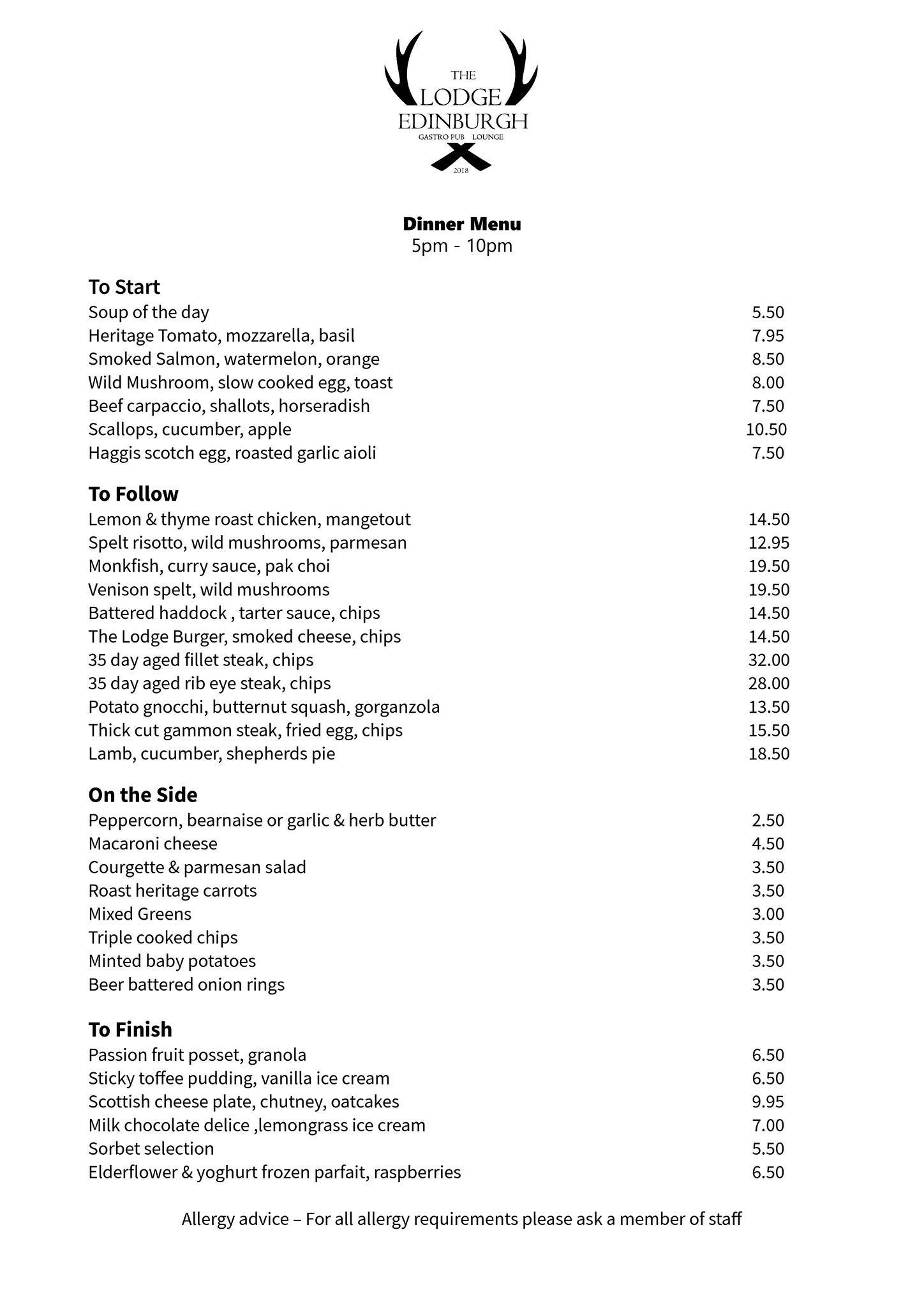 Menu at The Lodge steakhouse, Edinburgh