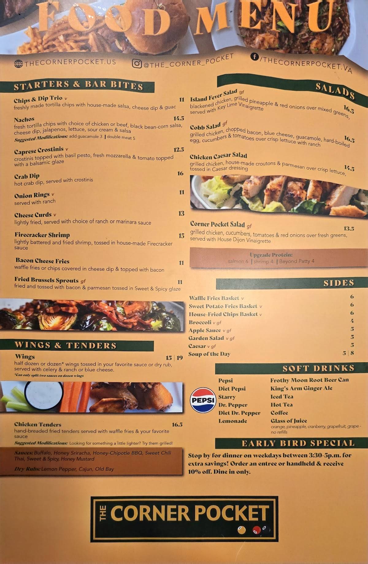 Menu at The Corner Pocket pub & bar, Williamsburg, Courthouse St