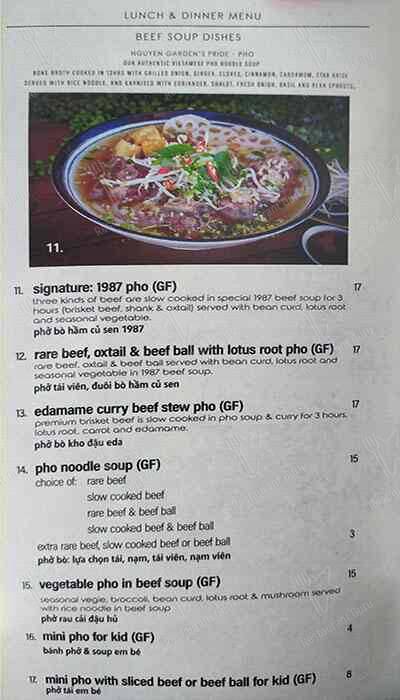 Menu at Nguyen Garden Vietnamese Noodle House restaurant, Marrickville