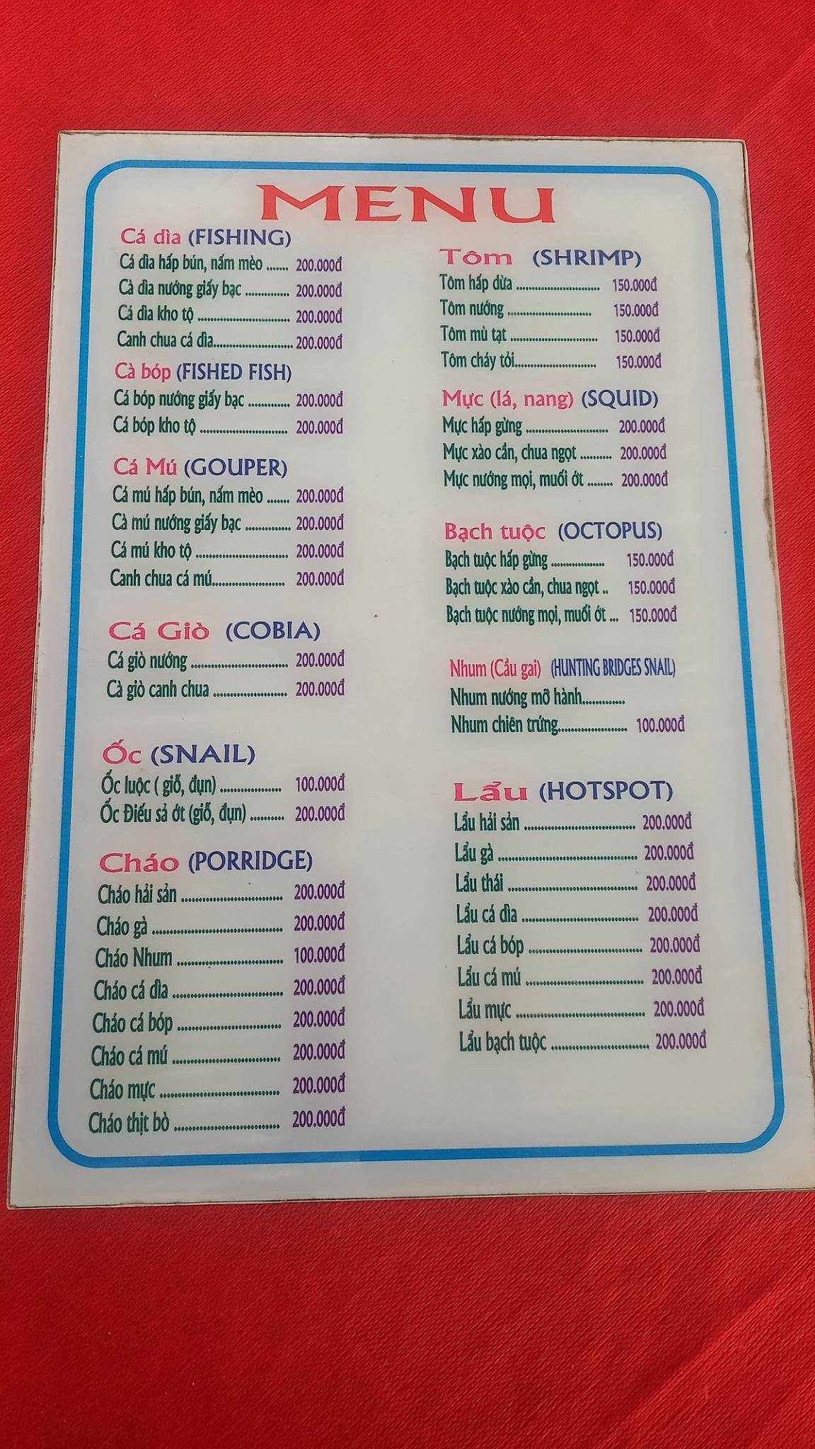 Menu at Nhà hàng Biển nhớ - homestay - camping restaurant, Ninh Hòa