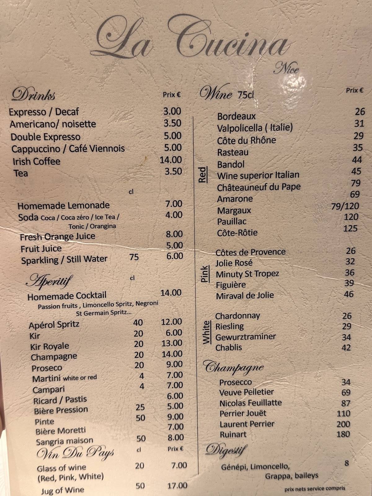 Menu at La Cucina restaurant, Nice