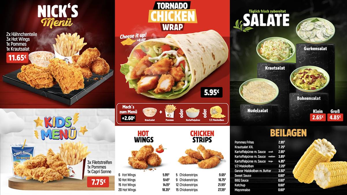 Menu at Nick‘s Fried Chicken fast food, Kaiserslautern