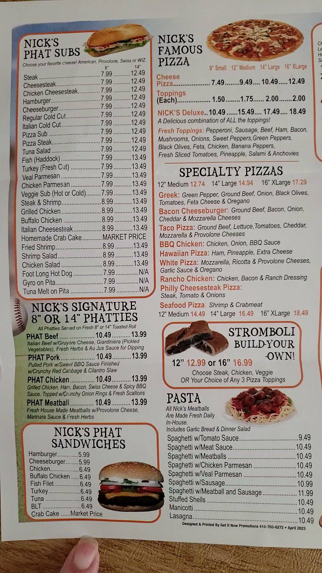 Menu at Nick's Pizza & Subs pizzeria, Pasadena