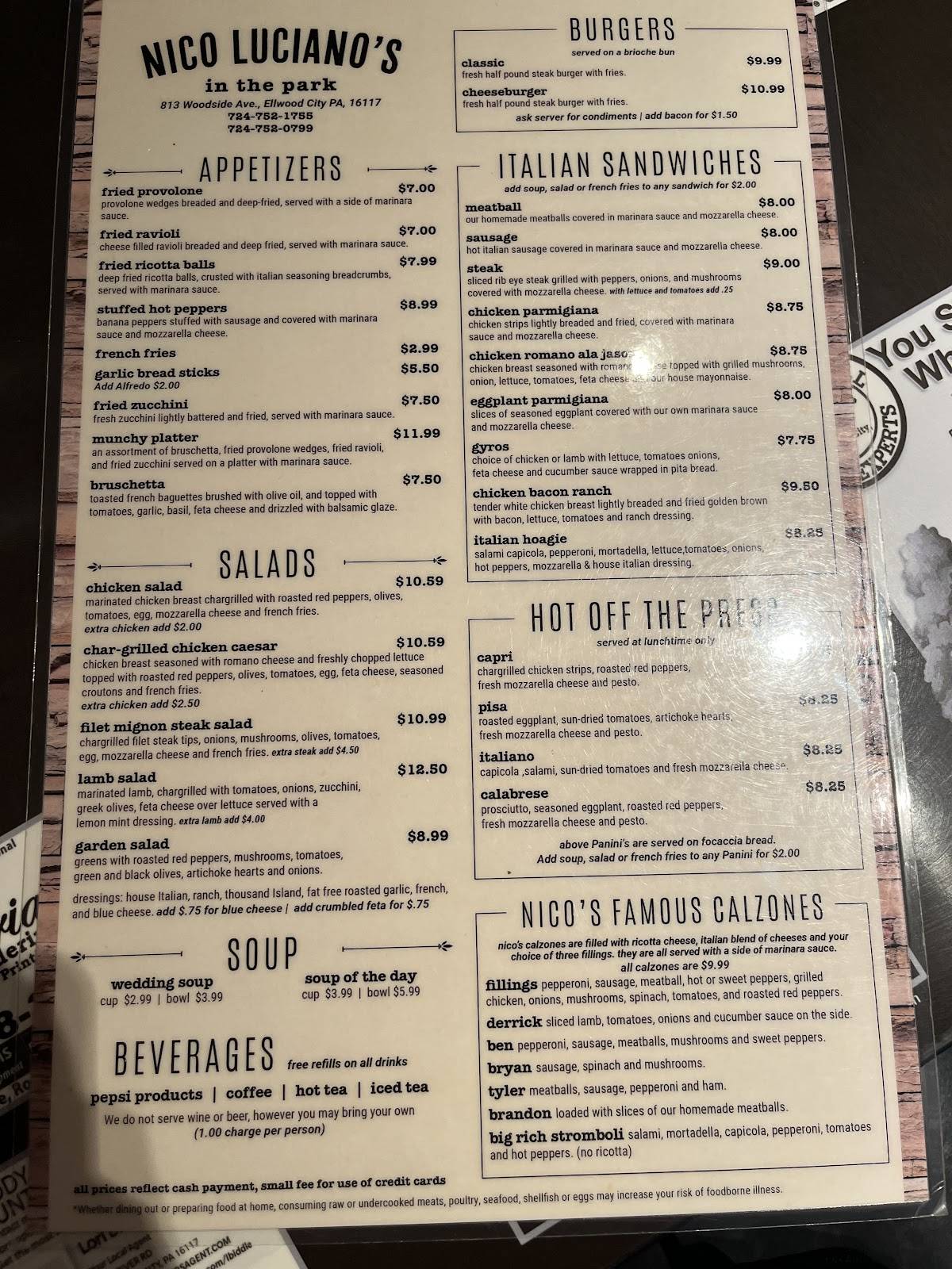 Menu at Nico Lucianos pizzeria, Ellwood City, 813 Woodside Ave