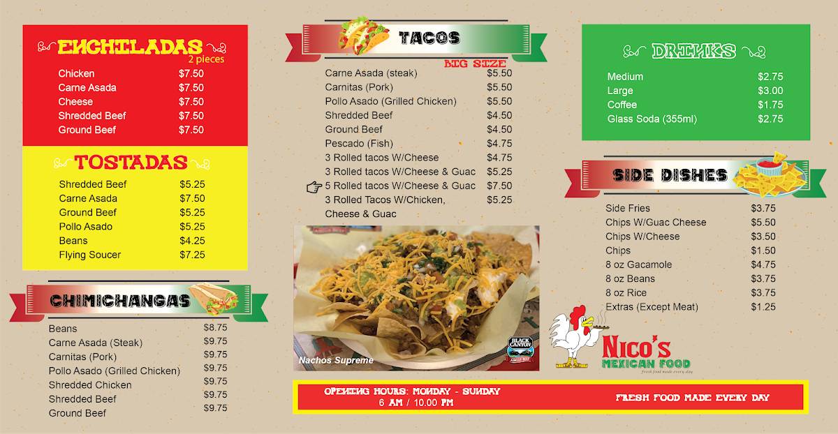 Menu at Nico's Mexican Food restaurant, Tucson, N Sabino Canyon Rd
