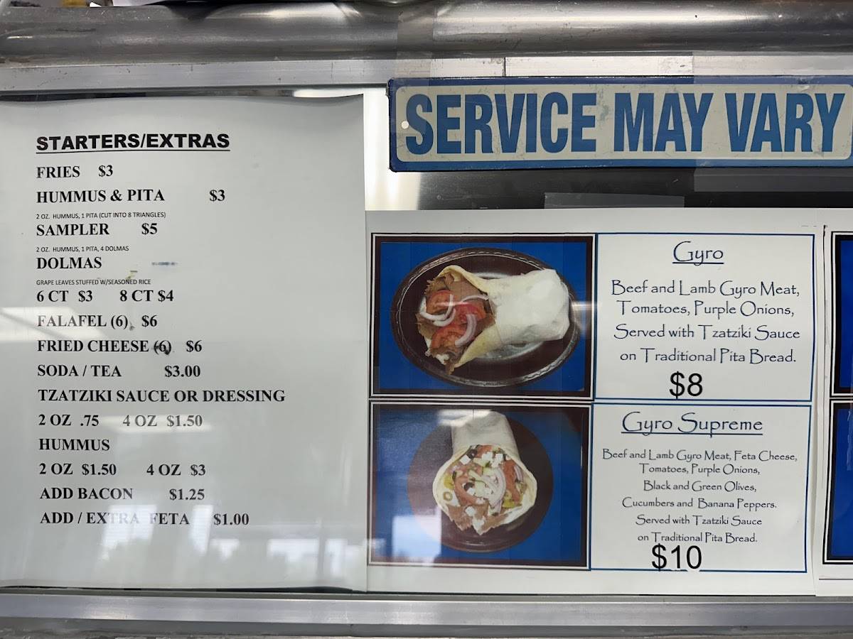 Menu at Nikos Greek Gyros restaurant, Abilene