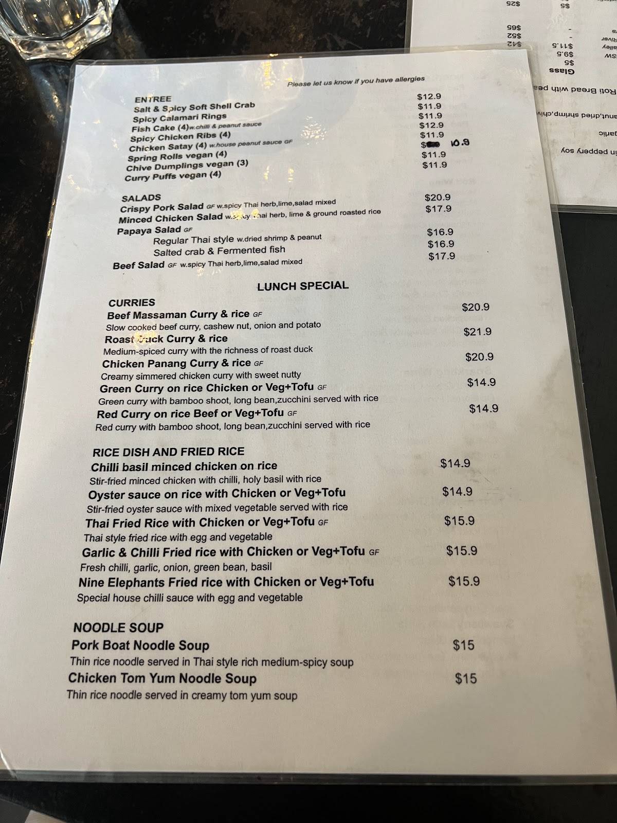 Menu at Nine Elephants Thai Restaurant, Docklands