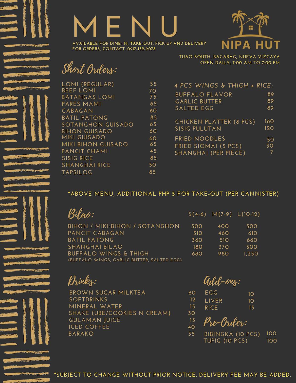 Menu at Nipa Hut restaurant, Bagabag