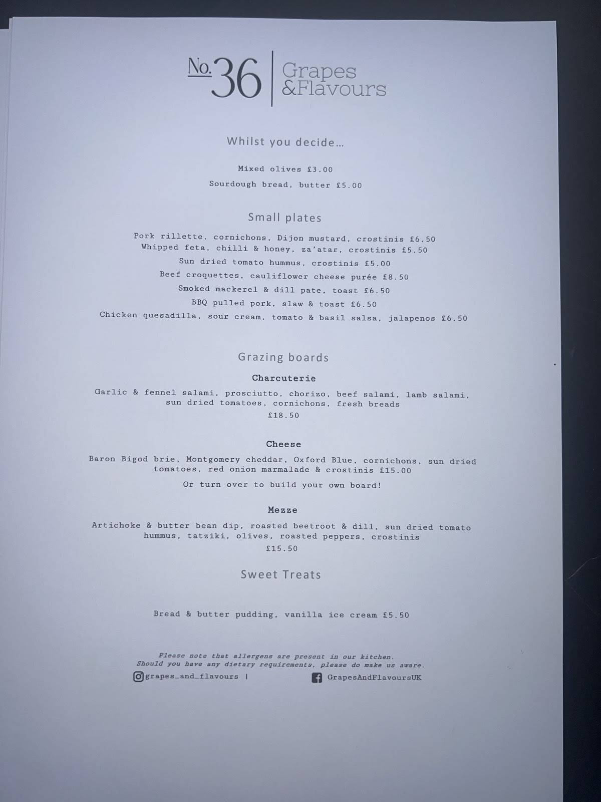 Menu at No.36 Grapes & Flavours pub & bar, Chinnor