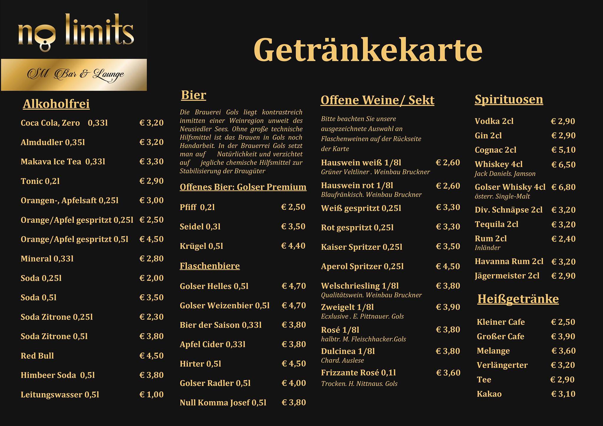 Menu at No Limits club, Vienna