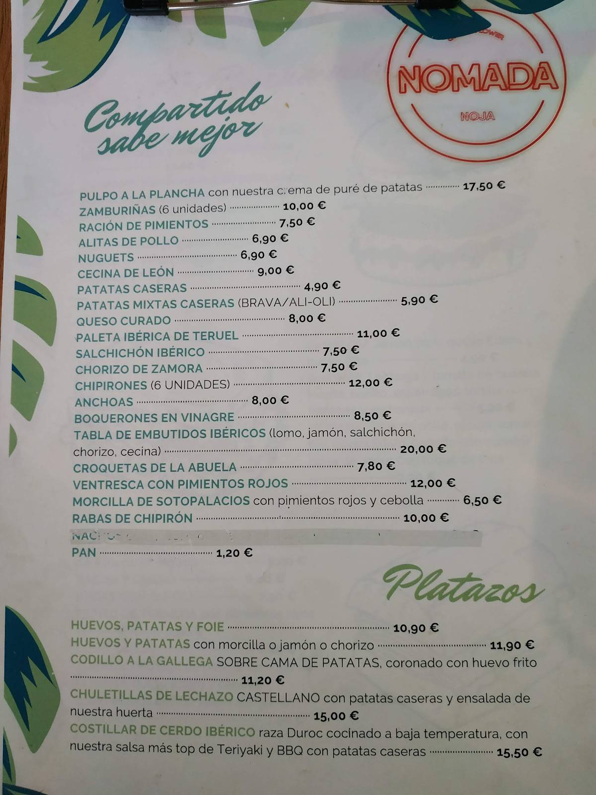 Carta de Bar Nomada, Noja