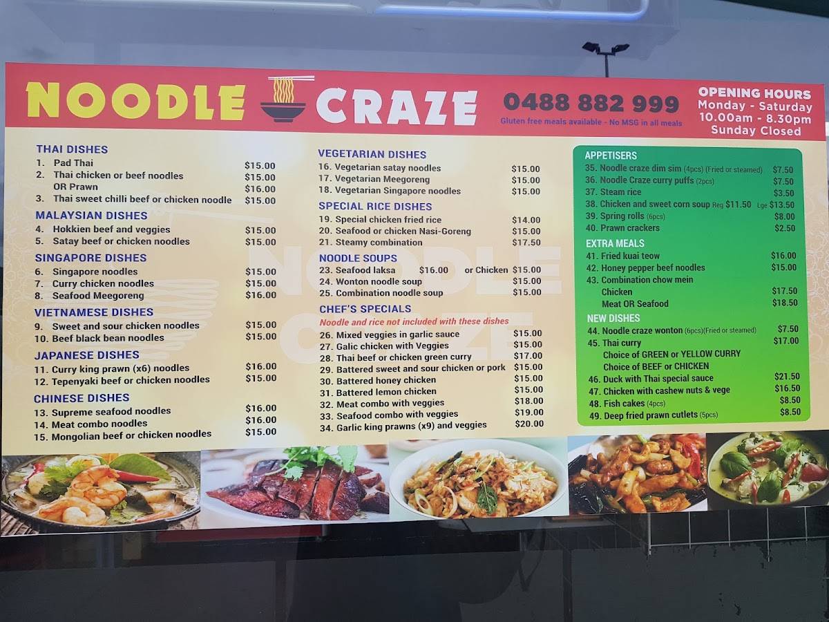 Menu at Noodle Craze restaurant, Yamanto