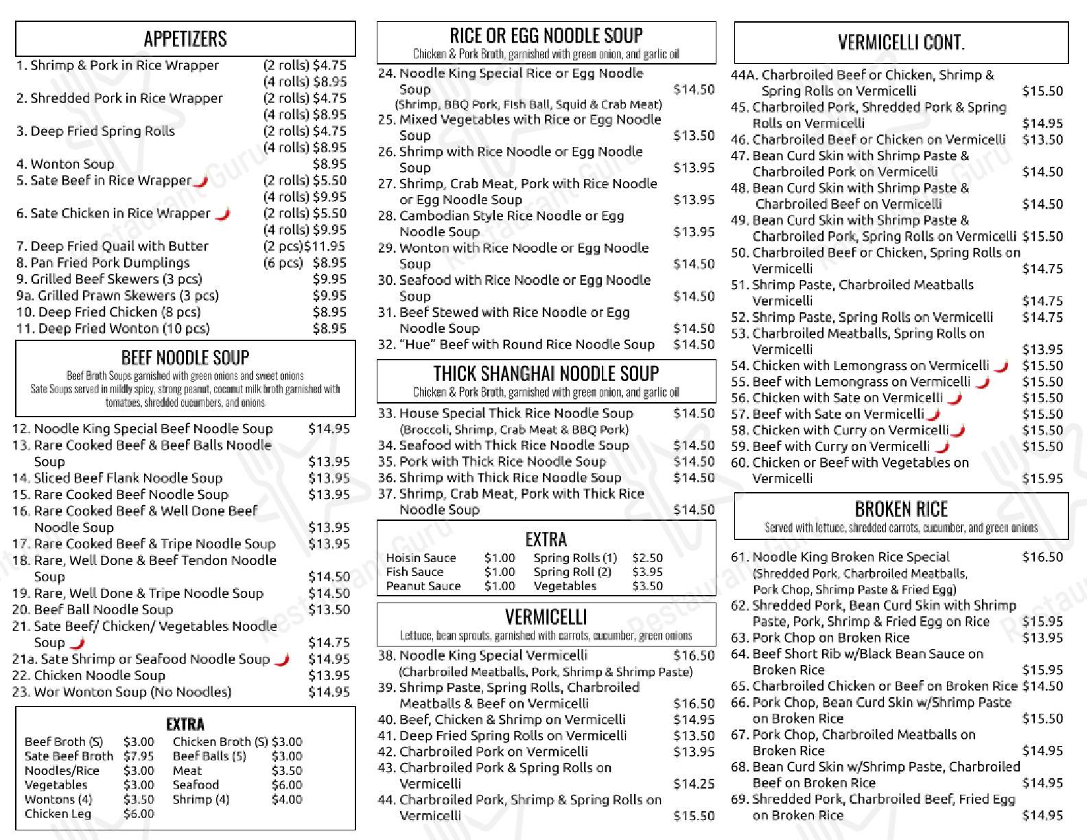 Menu at Noodle King Vietnamese Restaurant, Calgary