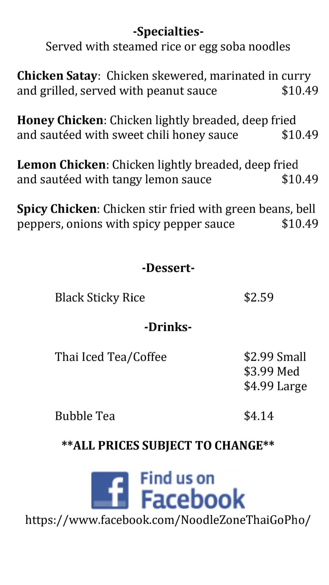 Menu at Noodle Zone/ Thai Go-Pho' restaurant, Pasco
