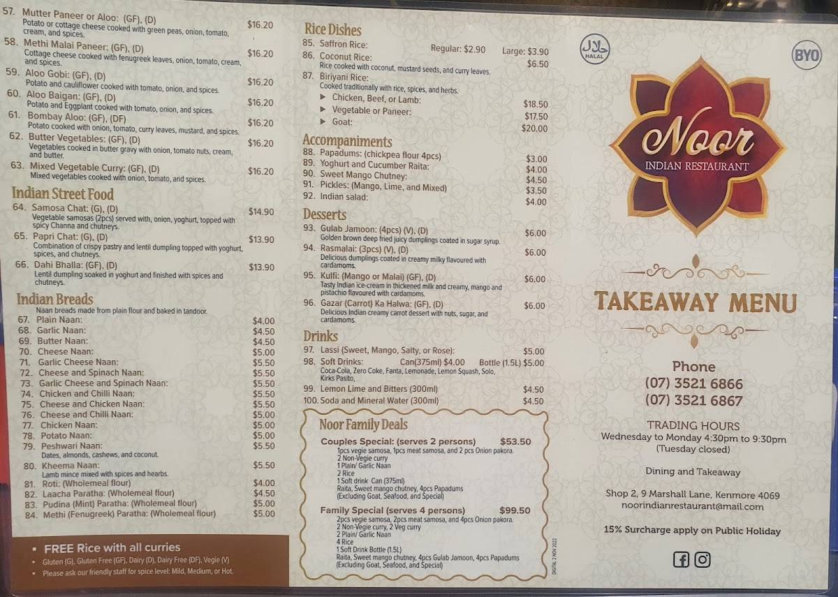 Menu at Noor Indian Restaurant, Kenmore