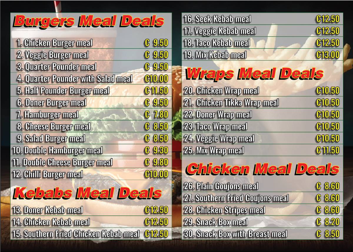 Menu at Noor's kebab restaurant, Clonmel
