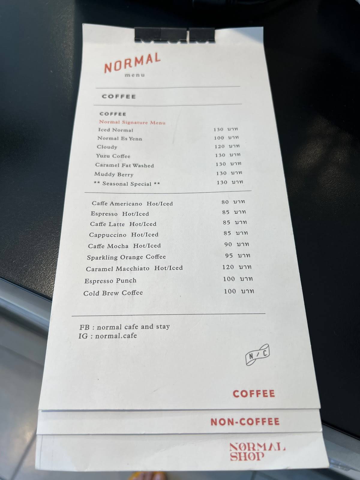 Menu at Normal Cafe, Bangkok