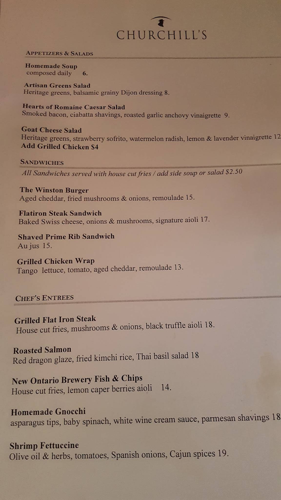 Menu at Churchill's Prime Rib House pub & bar, North Bay, 631 Lakeshore Dr