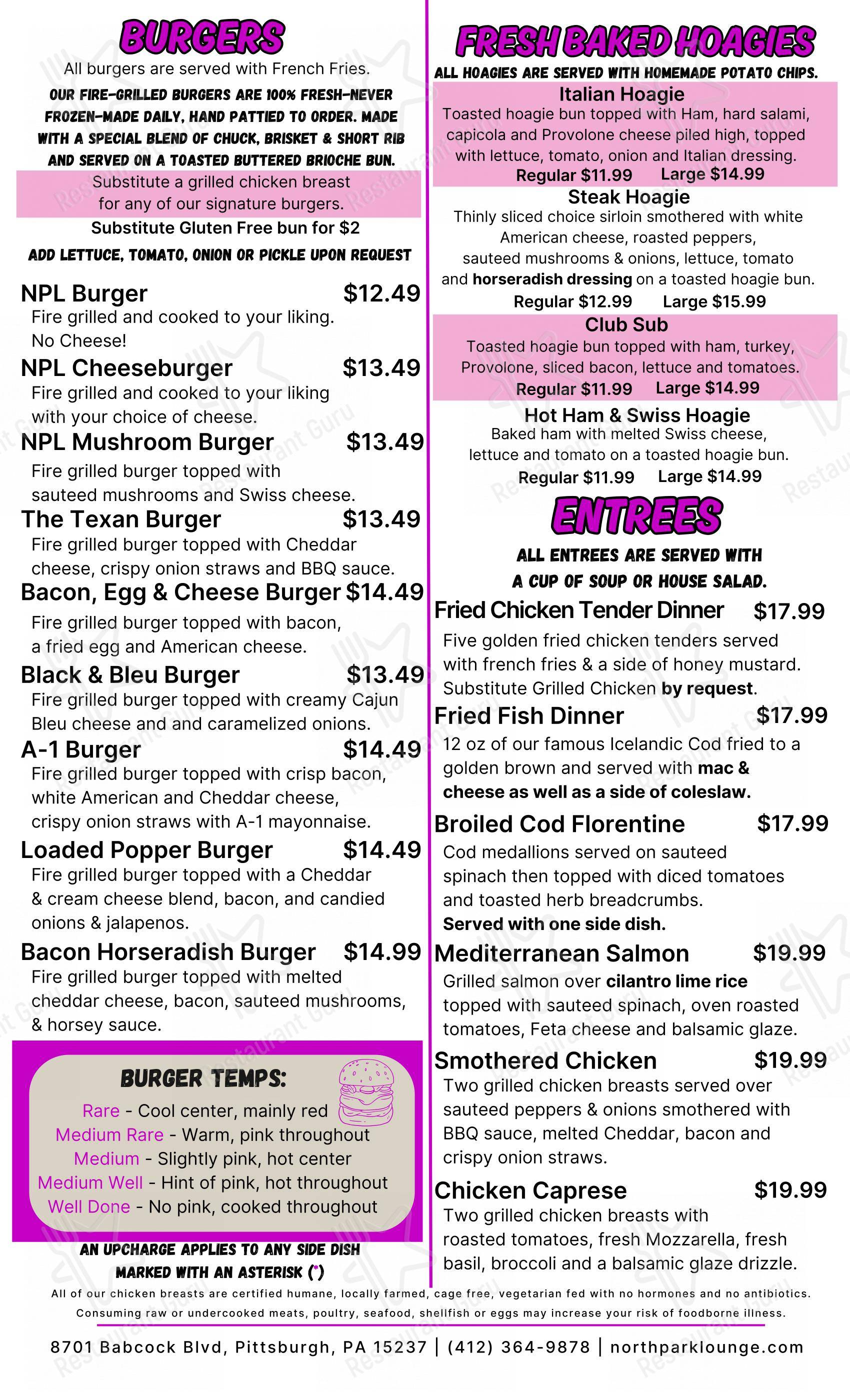 Menu at North Park Lounge McCandless restaurant, Pittsburgh, Babcock Blvd
