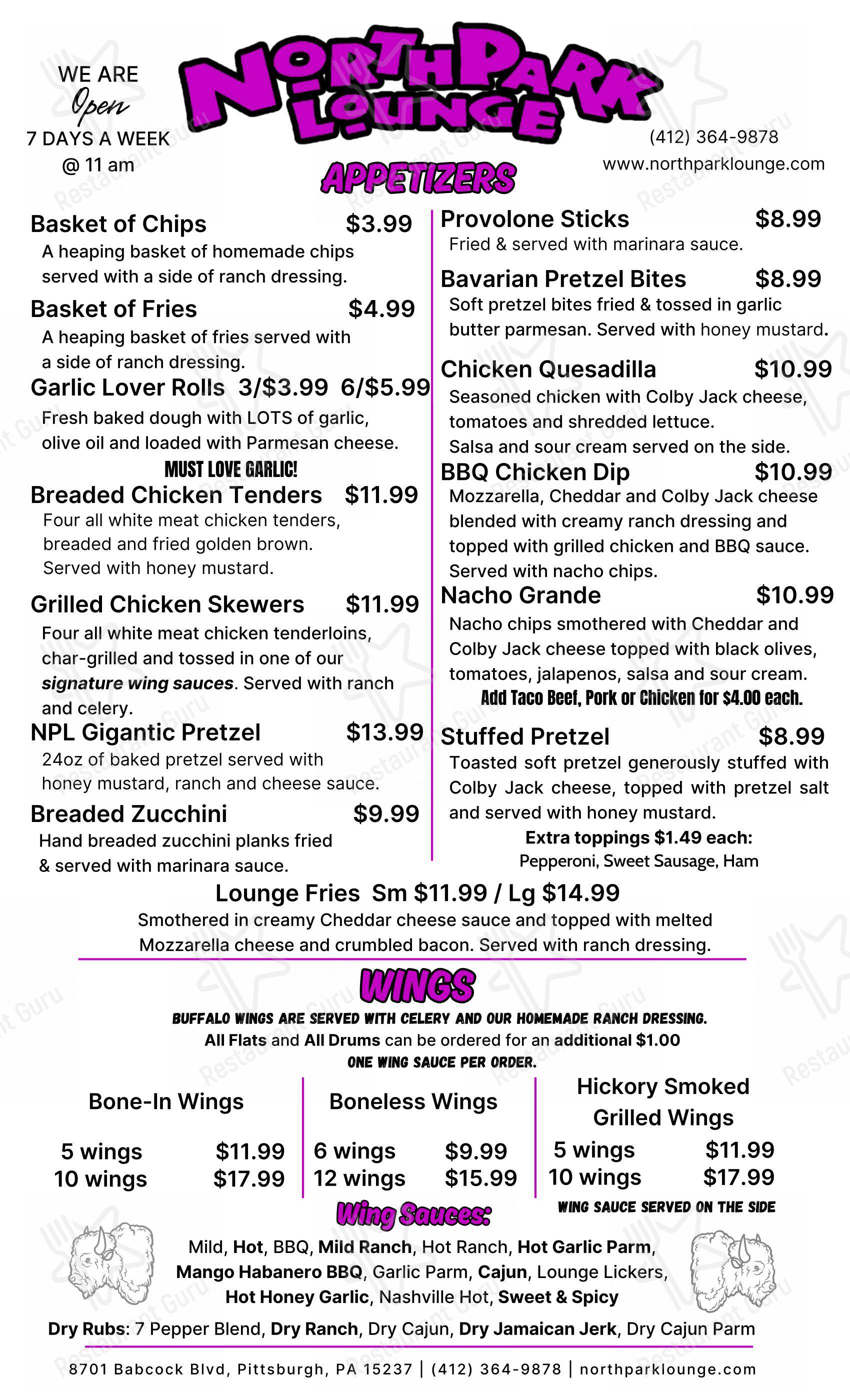Menu at North Park Lounge McCandless restaurant, Pittsburgh, Babcock Blvd