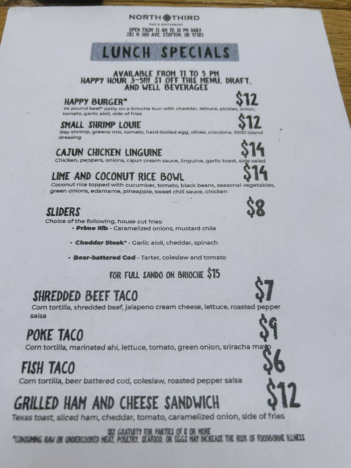 Menu at North Third Bar & Restaurant, Stayton