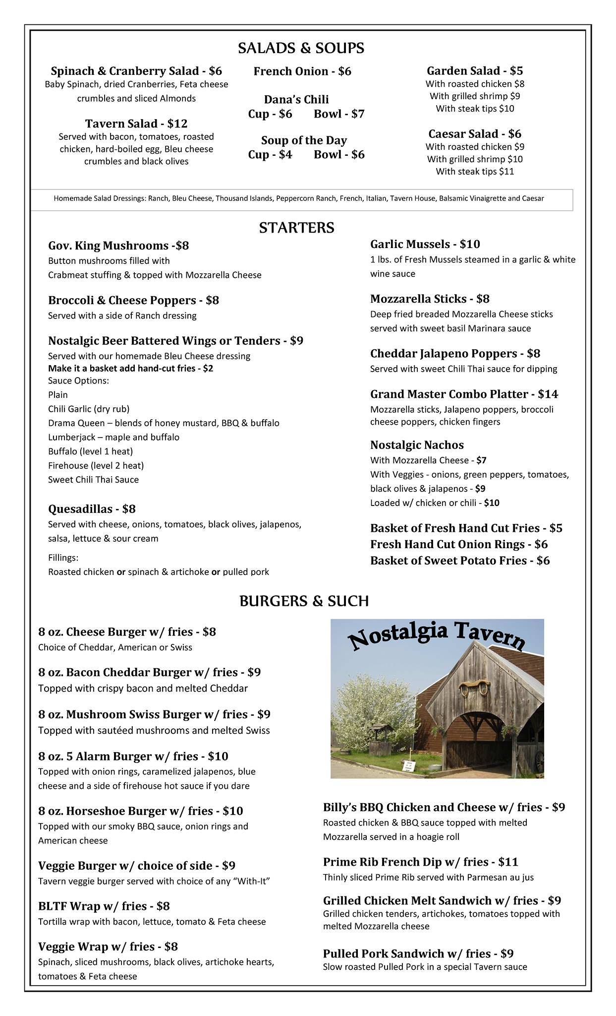 Menu at Nostalgia Tavern pub & bar, Kingfield