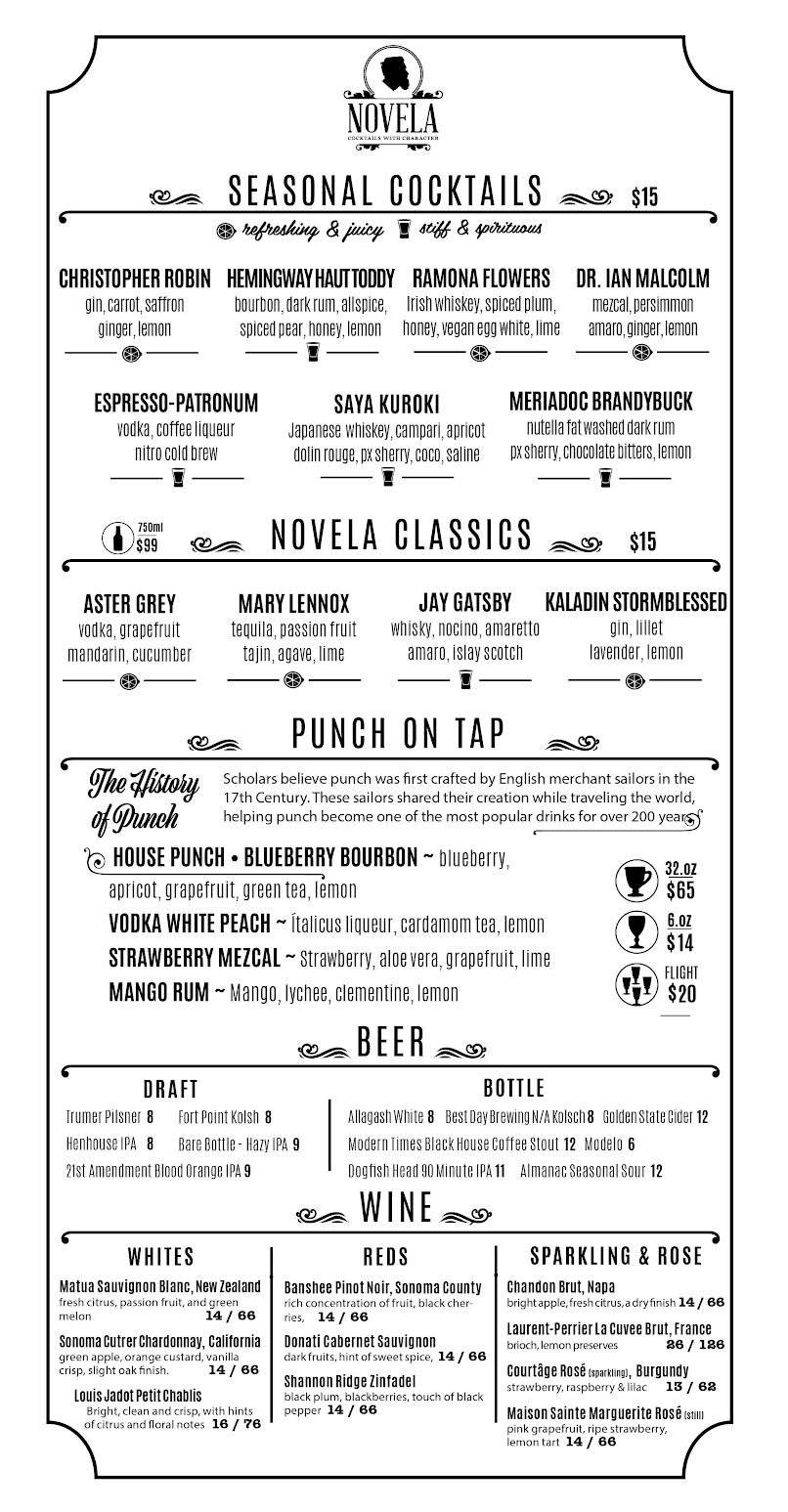 Menu at Novela pub & bar, San Francisco