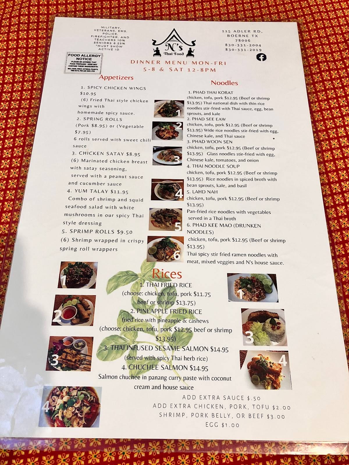 Menu at N's Thai Food restaurant, Boerne