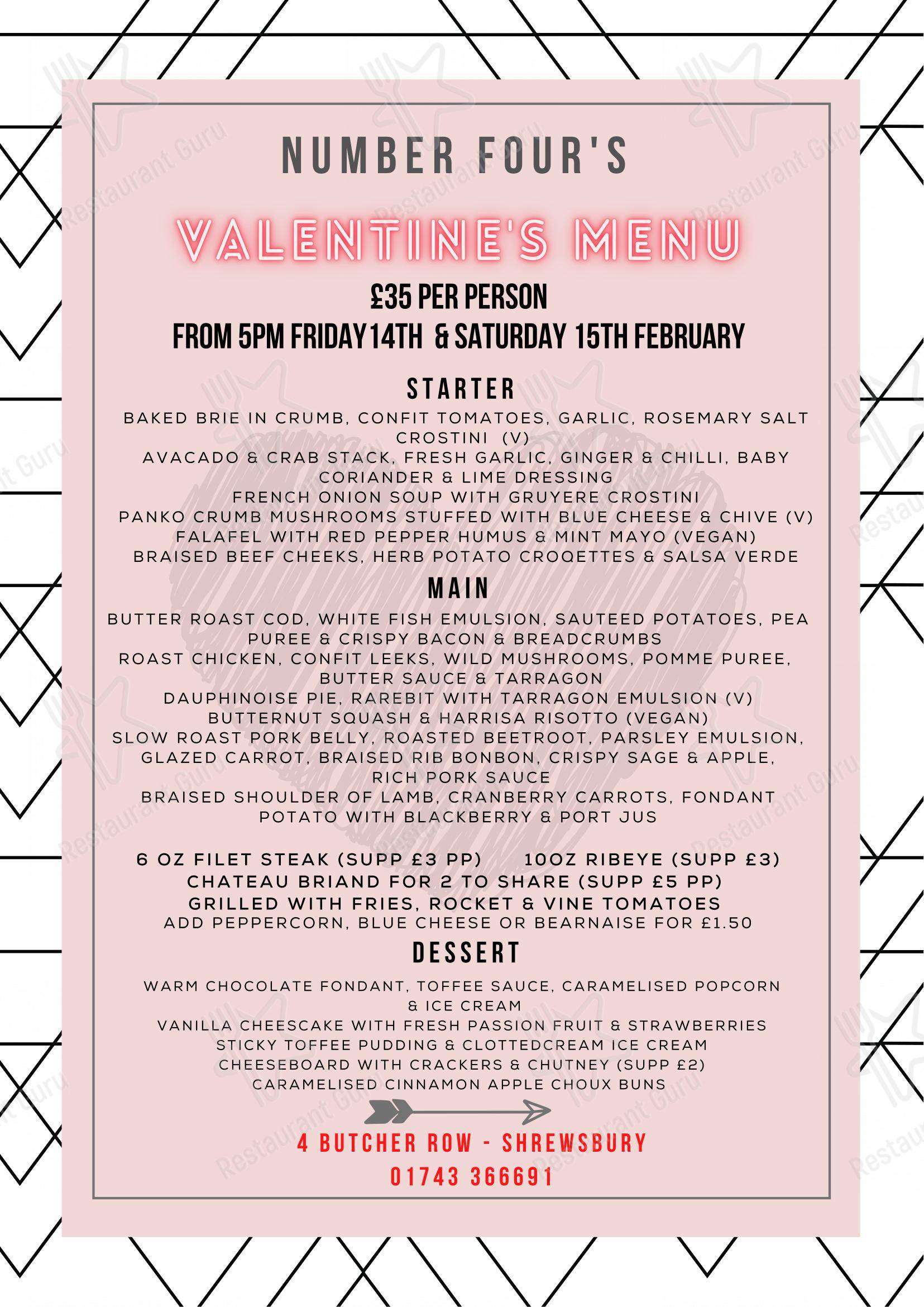 Menu at Number Four restaurant, Shrewsbury