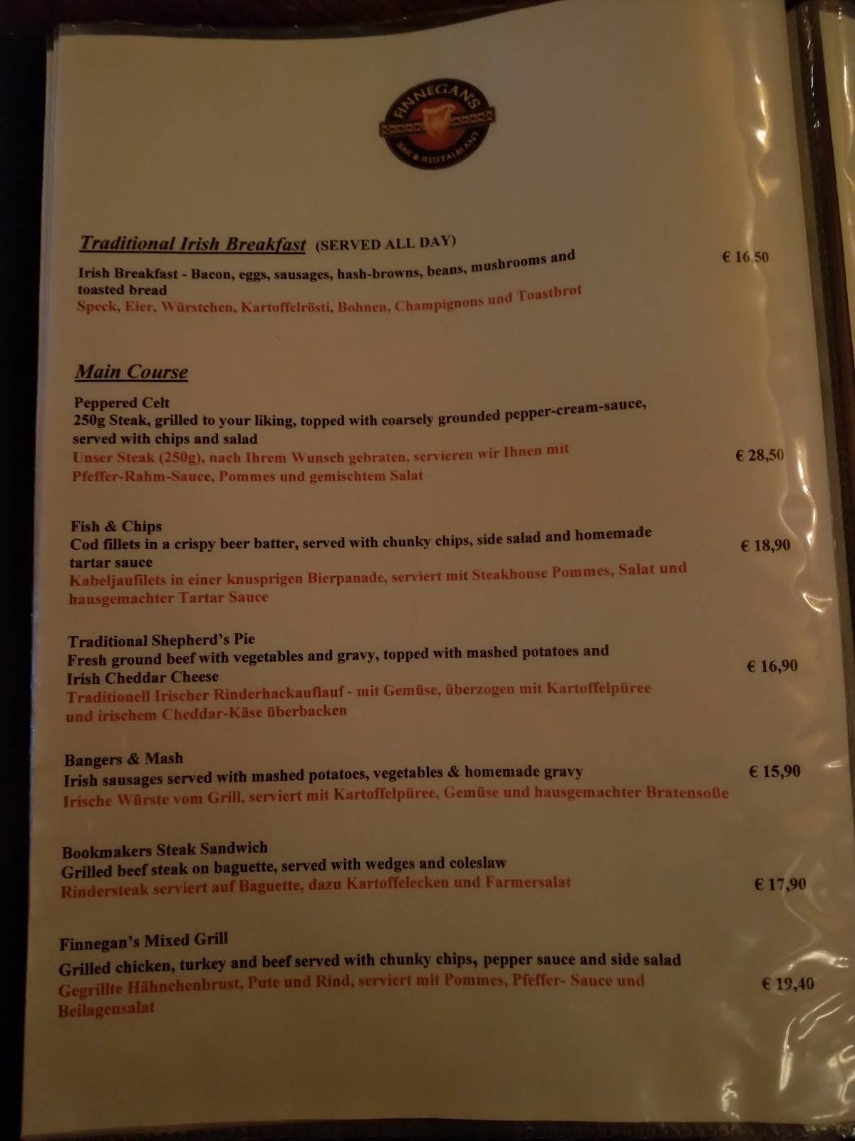 Menu at Finnegan's Harp Irish Pub, Nuremberg, Königstraße 51
