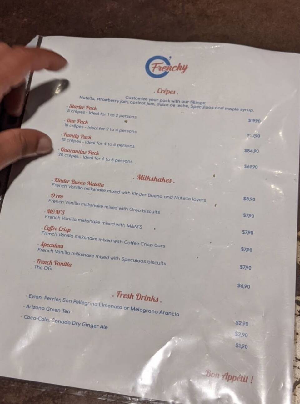 Menu at O’Frenchy restaurant, Toronto, 212 King St W