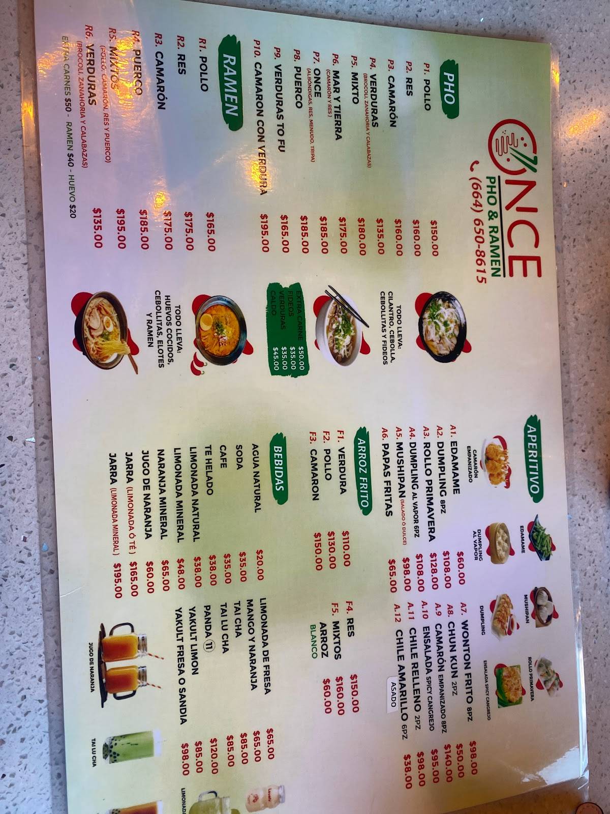 Menu at ONCE Pho & Ramen restaurant, Tijuana