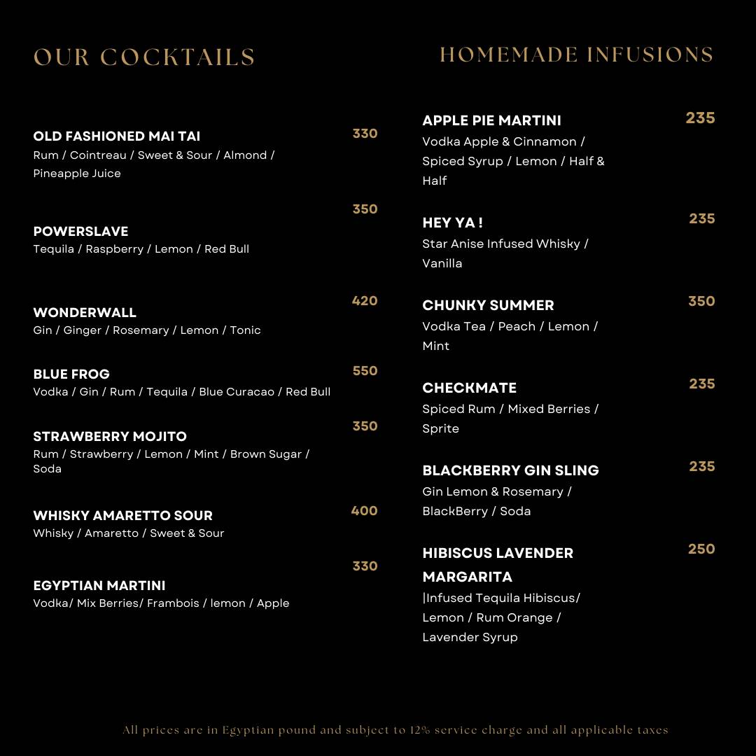 Menu at OPIA Lounge & Bar, Cairo