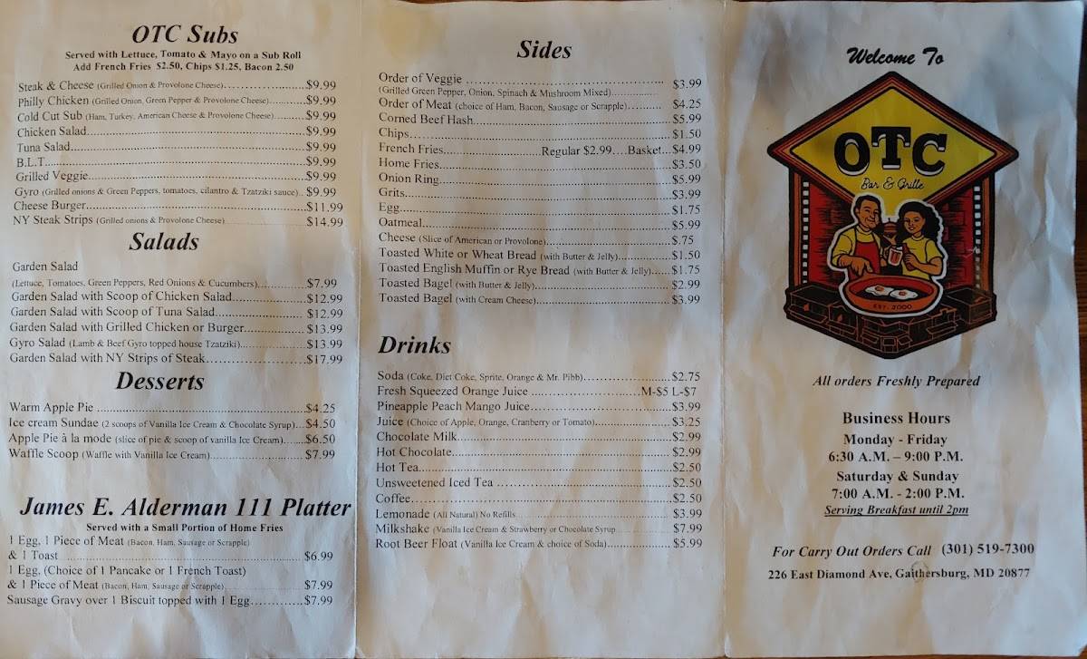 Menu at OTC Bar & Grille, Gaithersburg