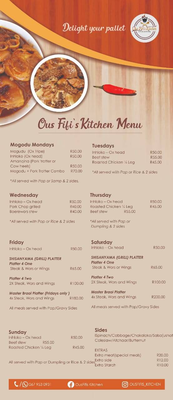 Menu at OUS FIFI'S KITCHEN restaurant, Johannesburg