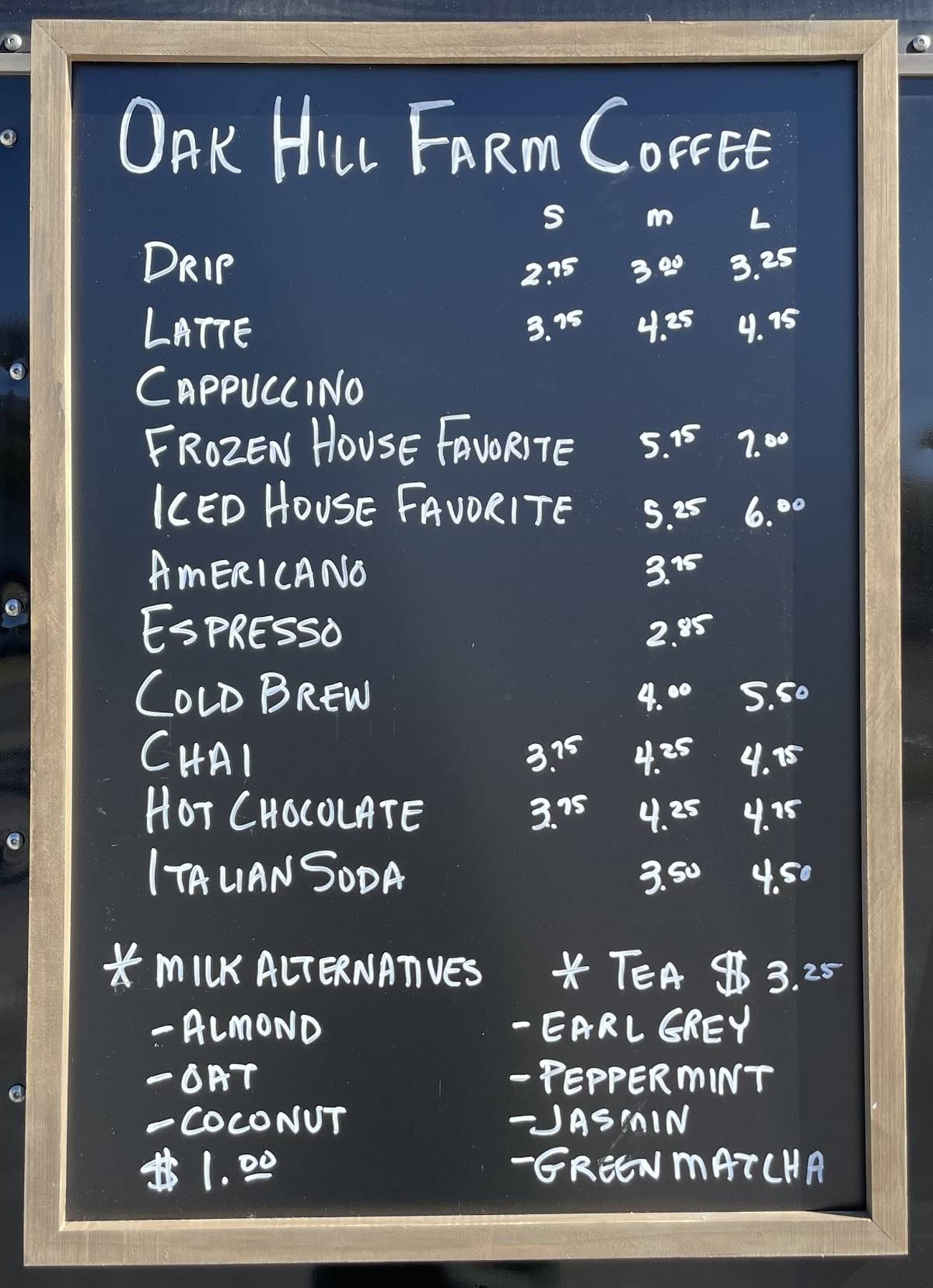 Menu at Oak Hill Farm Coffee Roasters and Cafe, Columbia