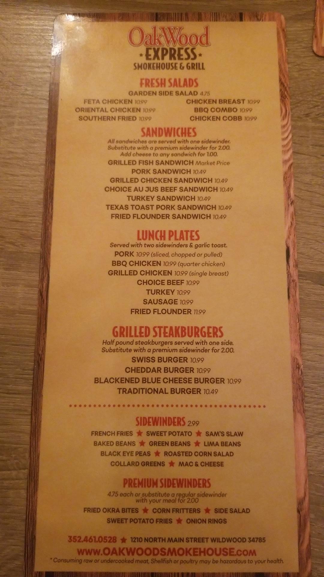 Menu at Oakwood Express Smokehouse & Grill BBQ, Wildwood