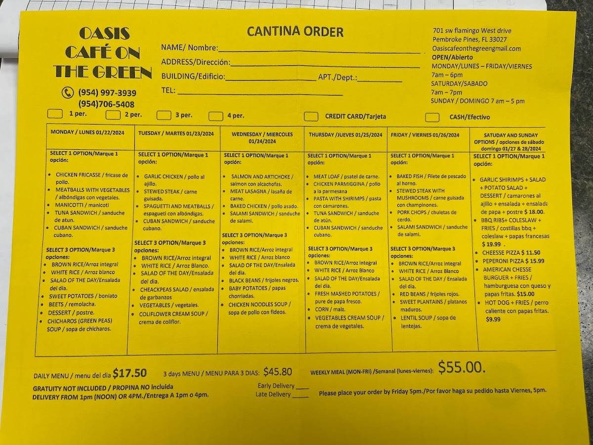 Menu at Oasis Cafe on the Green, Pembroke Pines