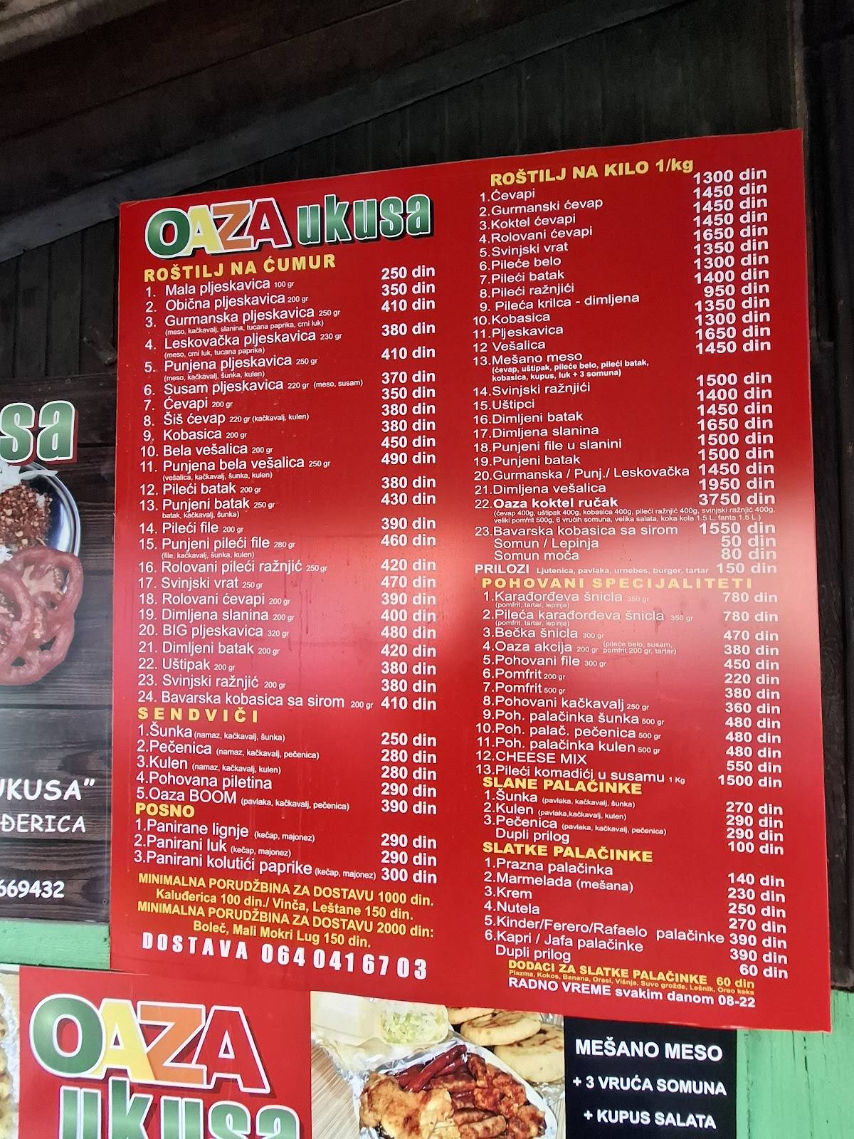 Menu at Oaza Ukusa restaurant, Belgrade