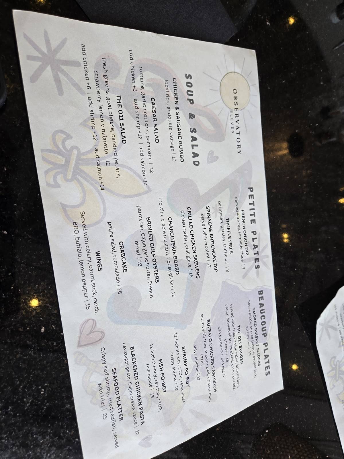 Menu at Observatory Eleven Bar, New Orleans