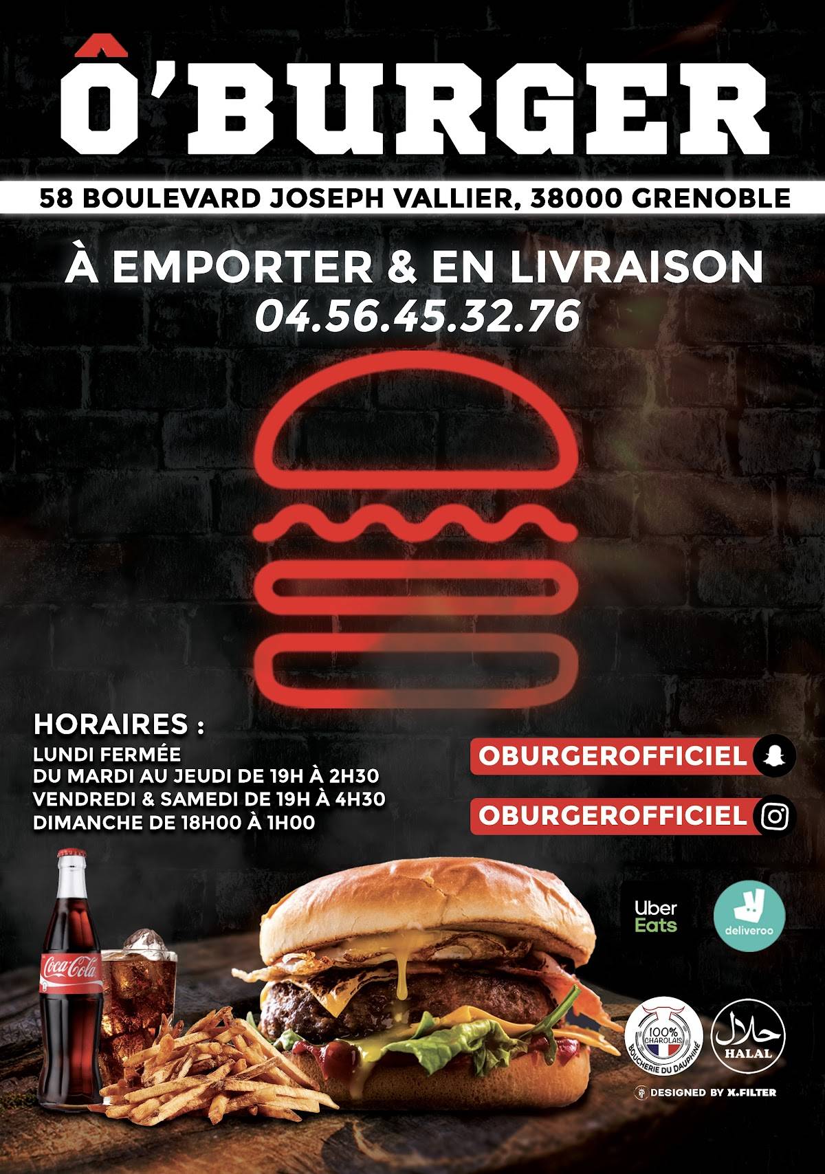 Menu at Ô’burger restaurant, Grenoble