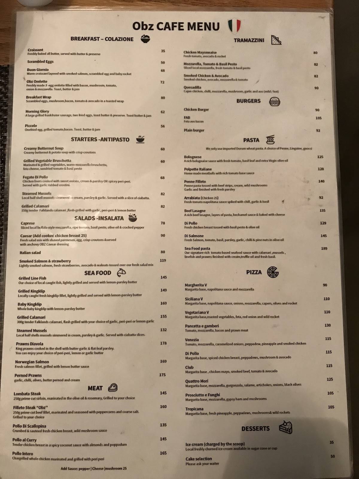 Menu at Obz Cafe, Cape Town
