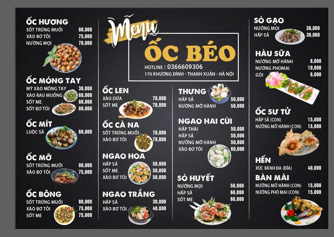 Menu at Ốc Béo restaurant, Hanoi, 170 Đ. Khương Đình
