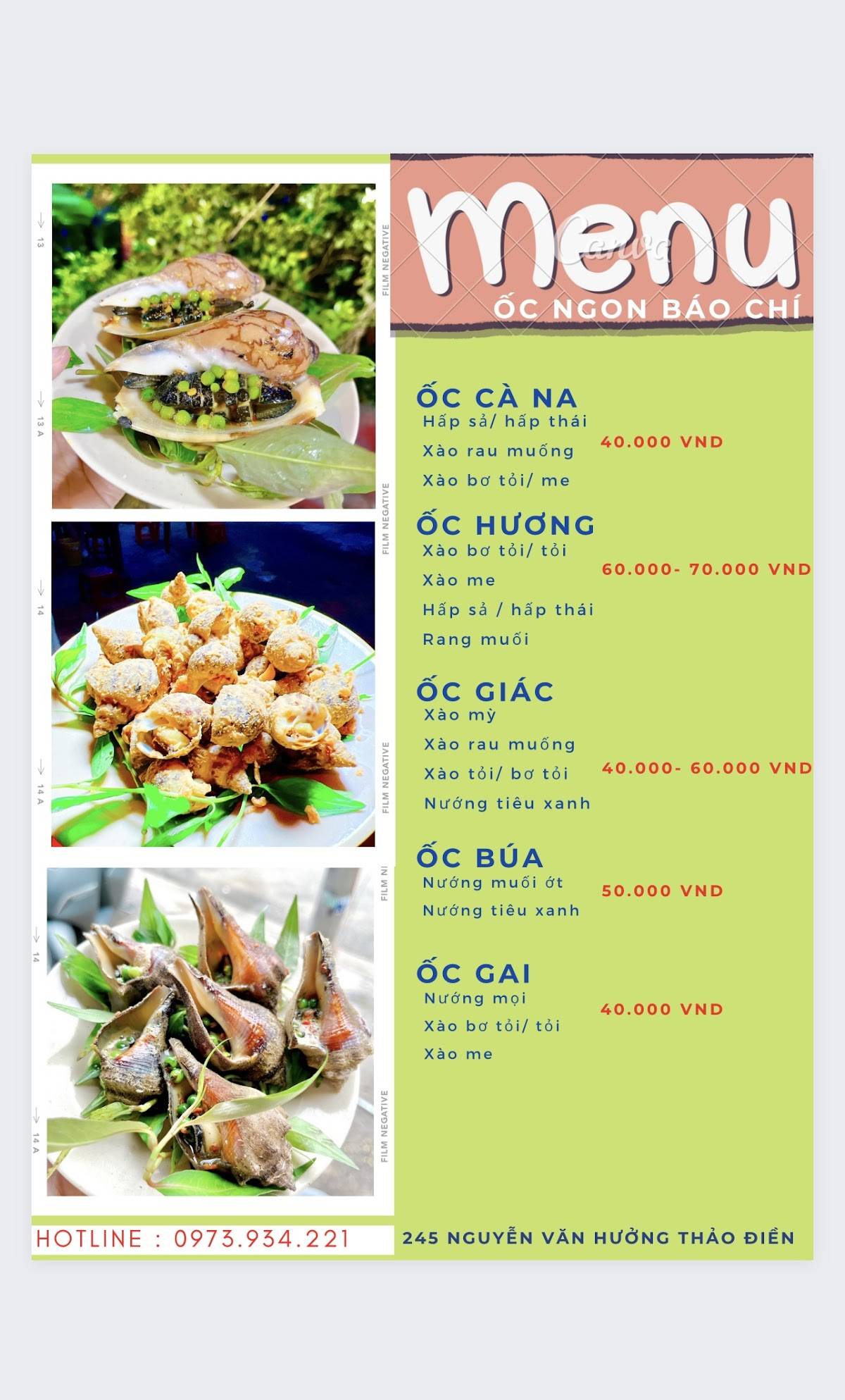 Menu at Ốc Ngon Báo Chí restaurant, Ho Chi Minh City