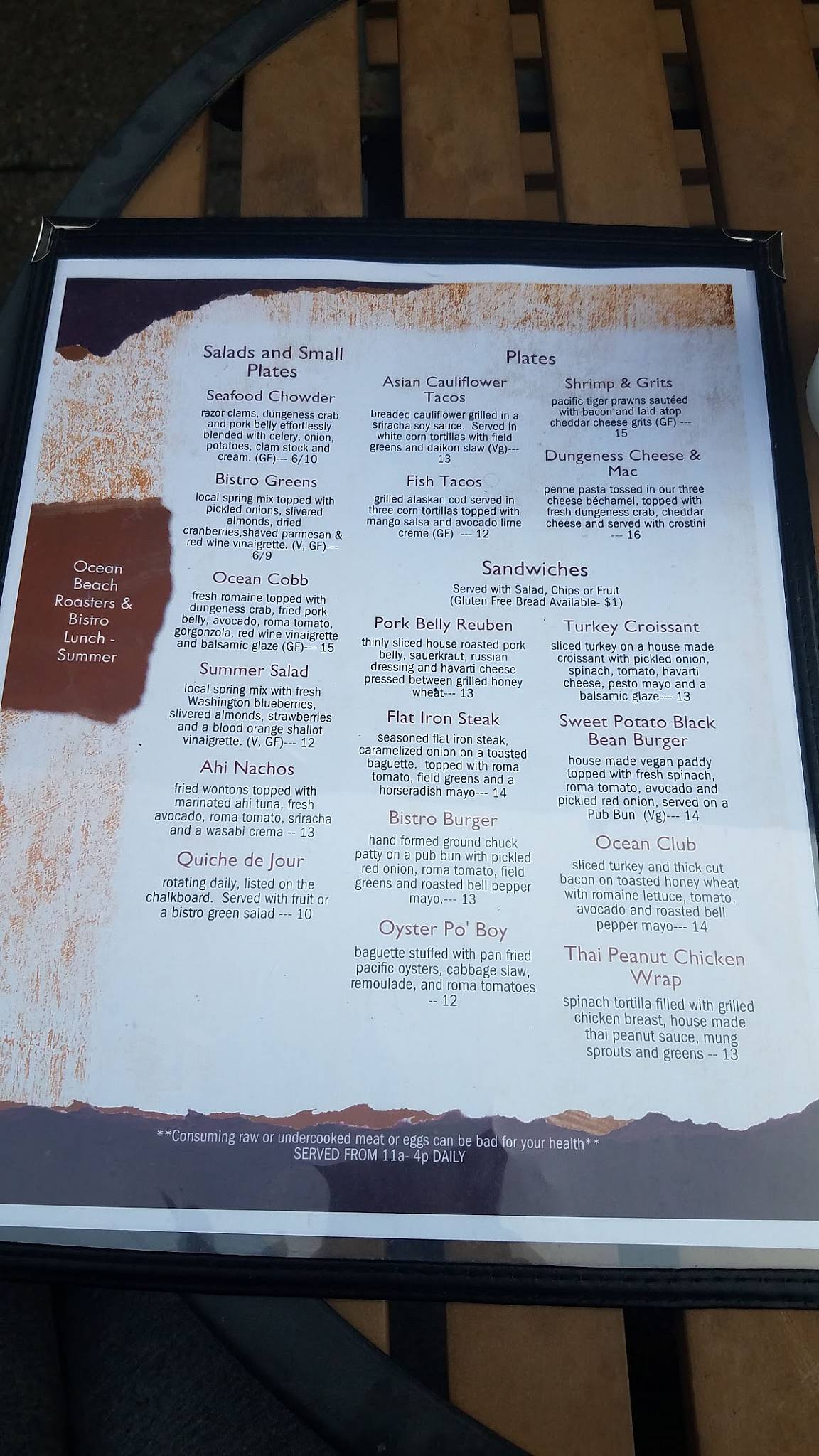 Menu at Ocean Beach Roasters pub & bar, Ocean Shores