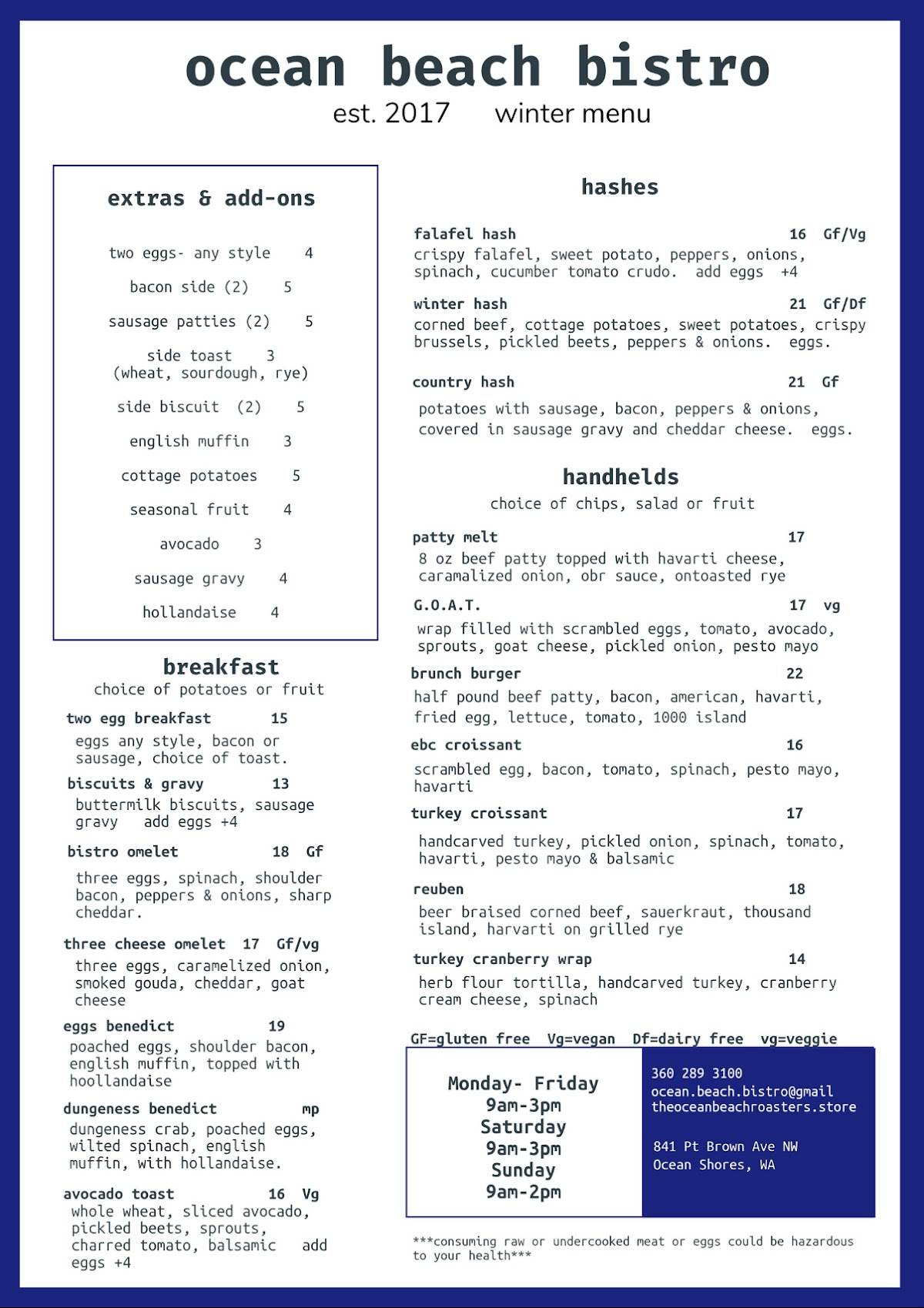 Menu at Ocean Beach Roasters pub & bar, Ocean Shores