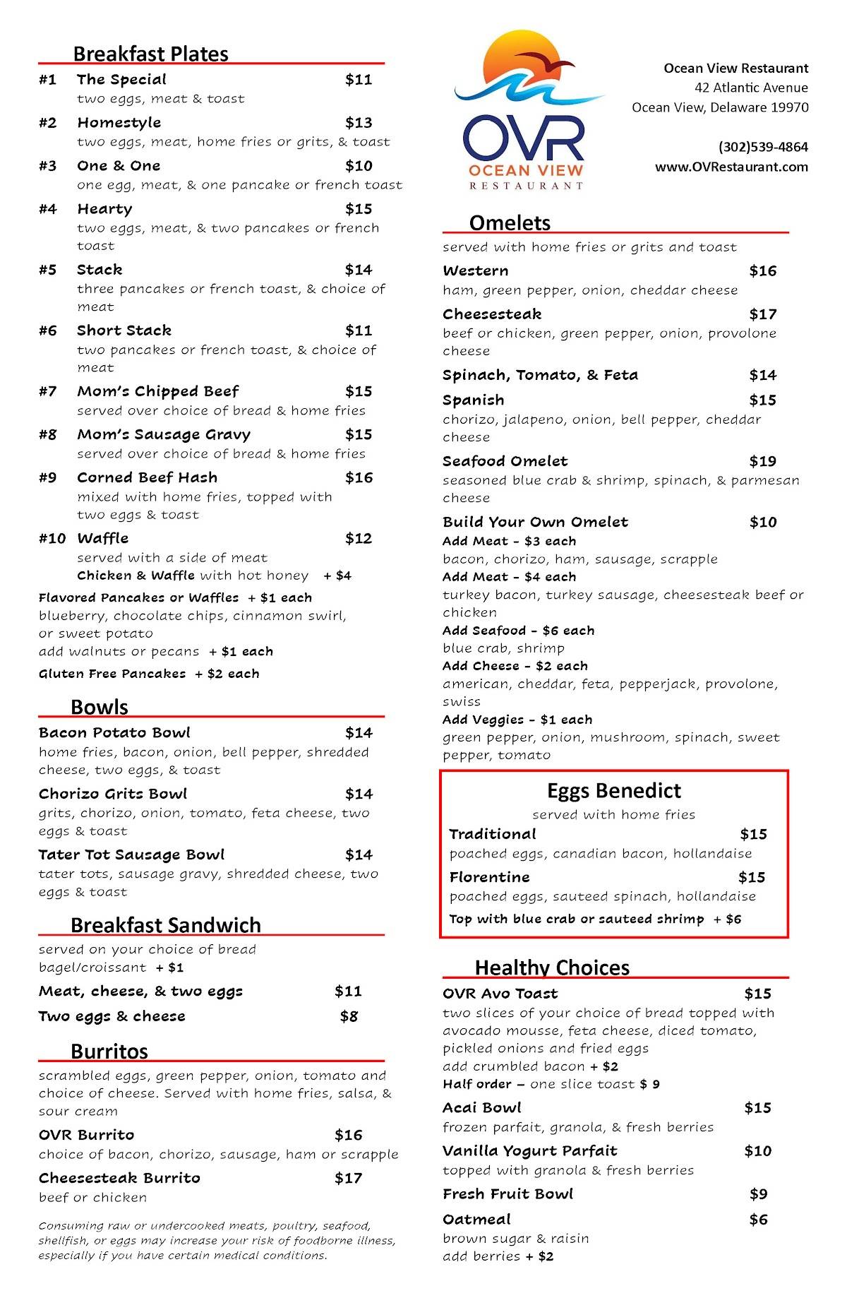 Menu at Ocean View Restaurant, Ocean View, 42 Atlantic Ave