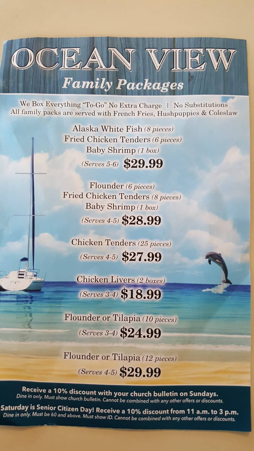 Menu at Ocean View Seafood Restaurant, Columbia, Broad River Rd