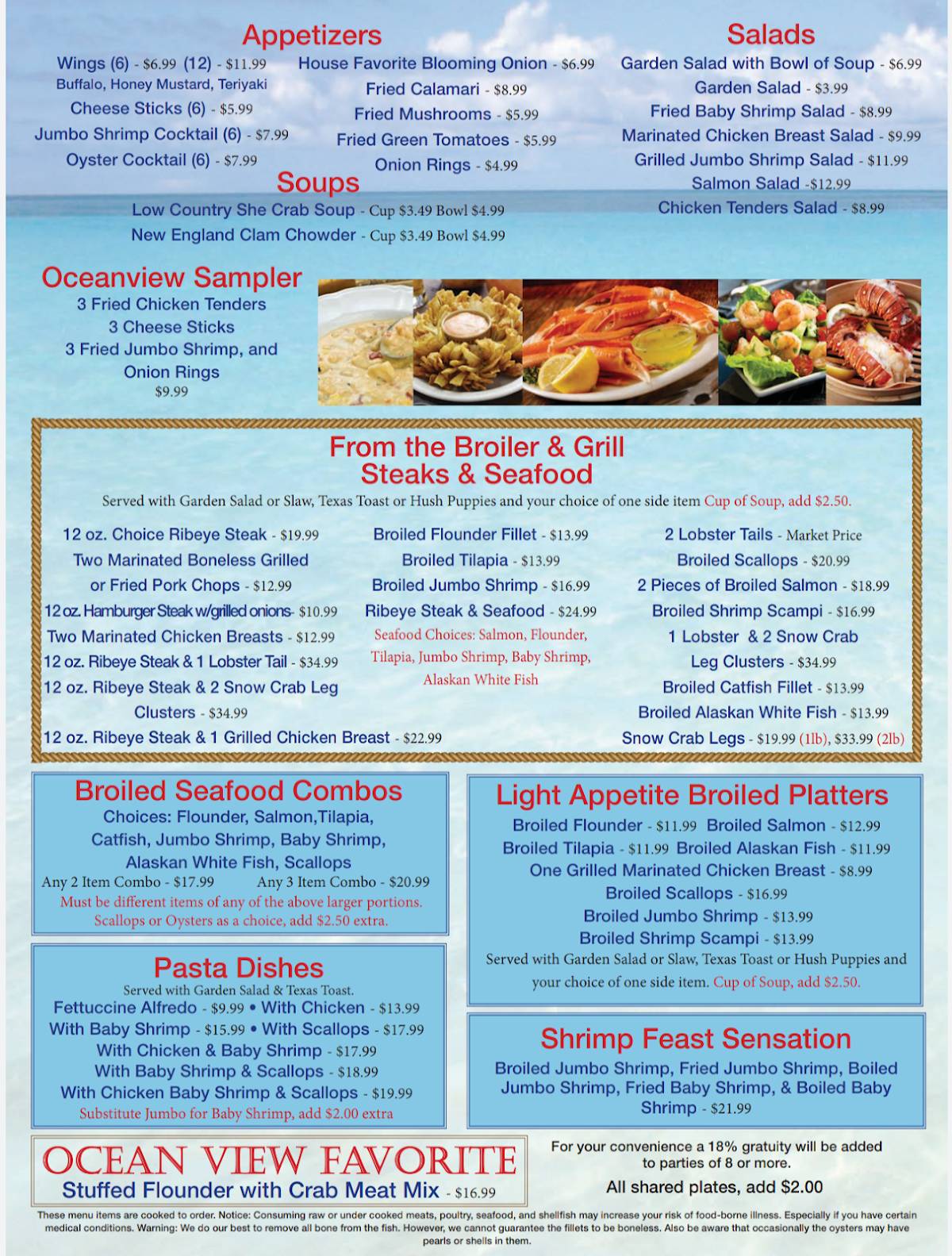 Menu at Ocean View Seafood Restaurant, Columbia, Broad River Rd
